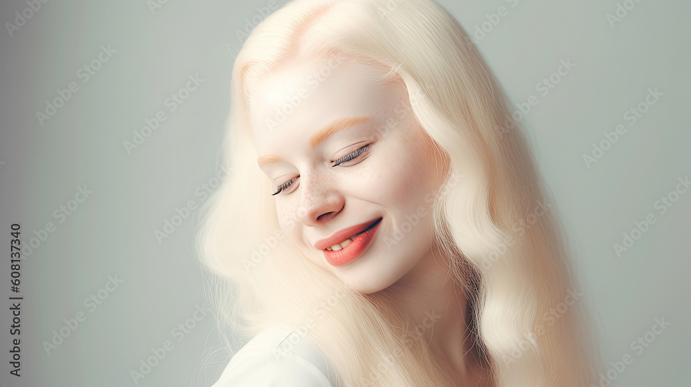 Smiling albino young woman close up portrait in white shirt on white ...