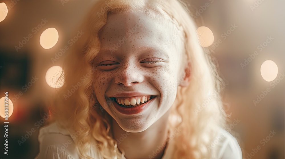 Smiling albino girl close up portrait in white shirt on abstract ...