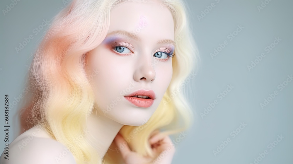 Smiling albino young woman close up portrait in white shirt on white ...