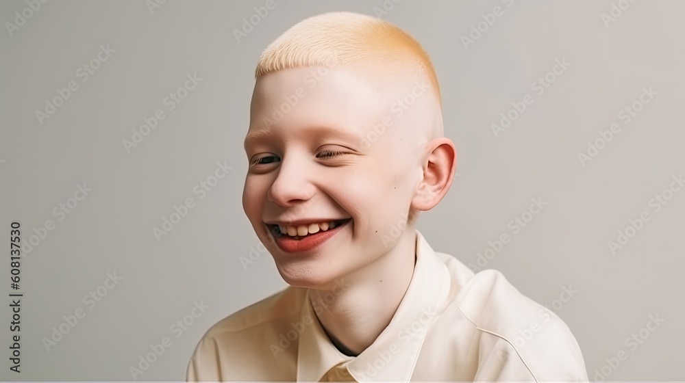 Smiling albino boy portrait in white shirt on solid white background ...