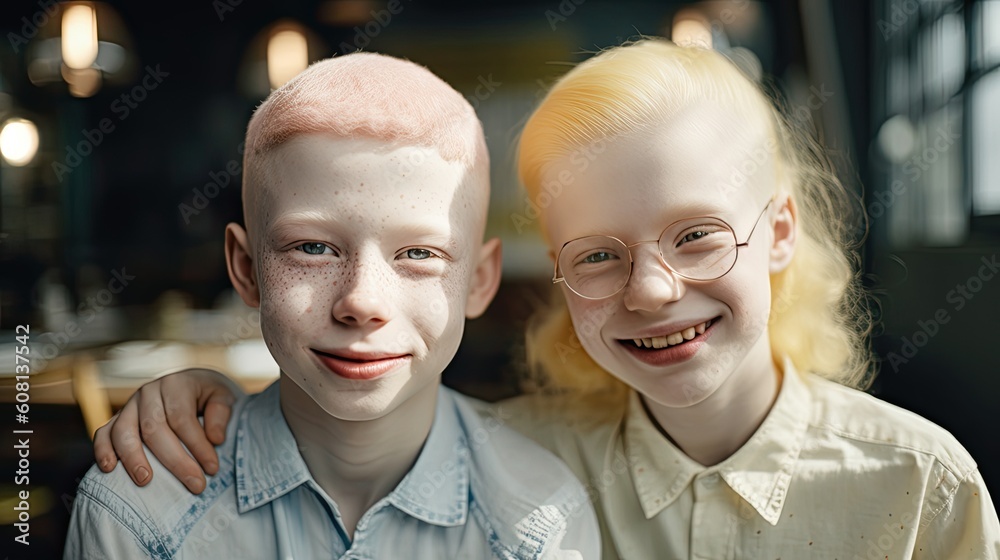 Smiling albino brother and sister portrait cafe abstract background ...