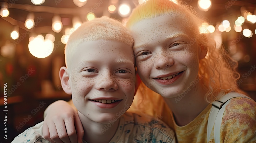Smiling albino brother and sister portrait cafe abstract background ...