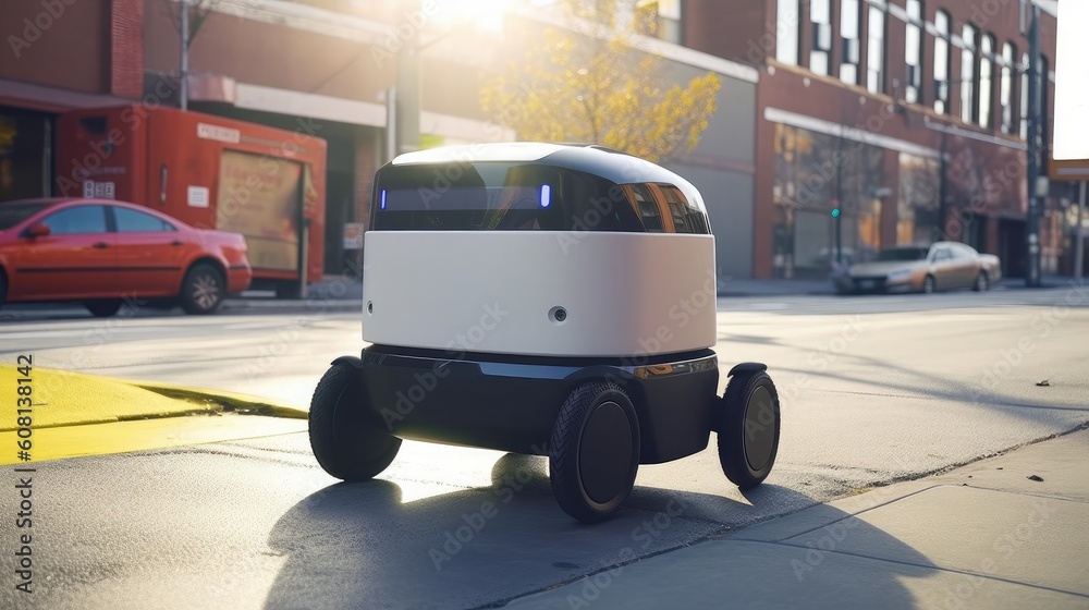 Delivery robot drives down the street sidewalk, last mile secure ...