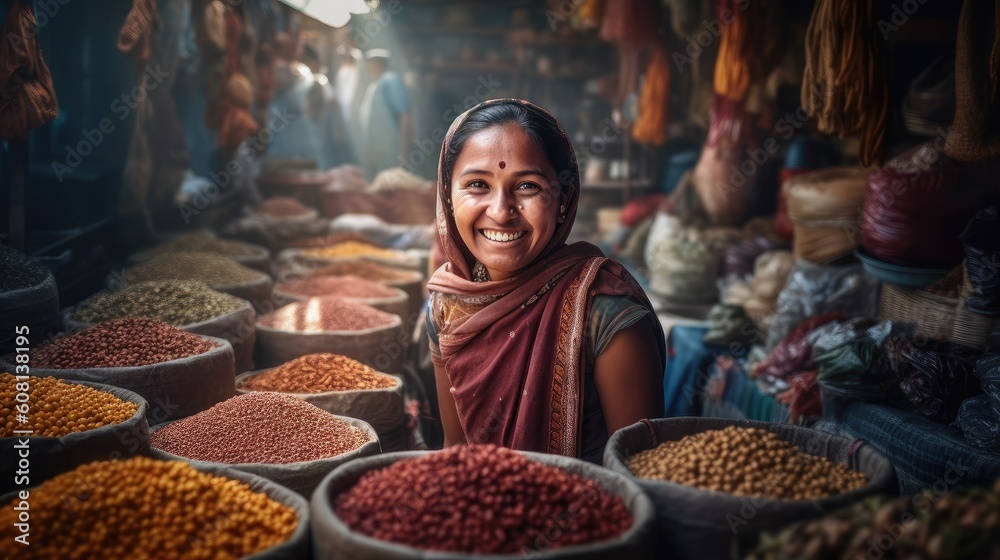 Indian woman sells spices in local market at beautiful sunlight ...