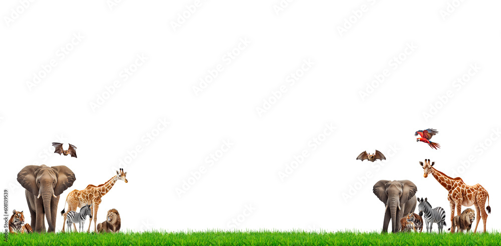 Wild safari animals in the grassland on a transparent background with ...