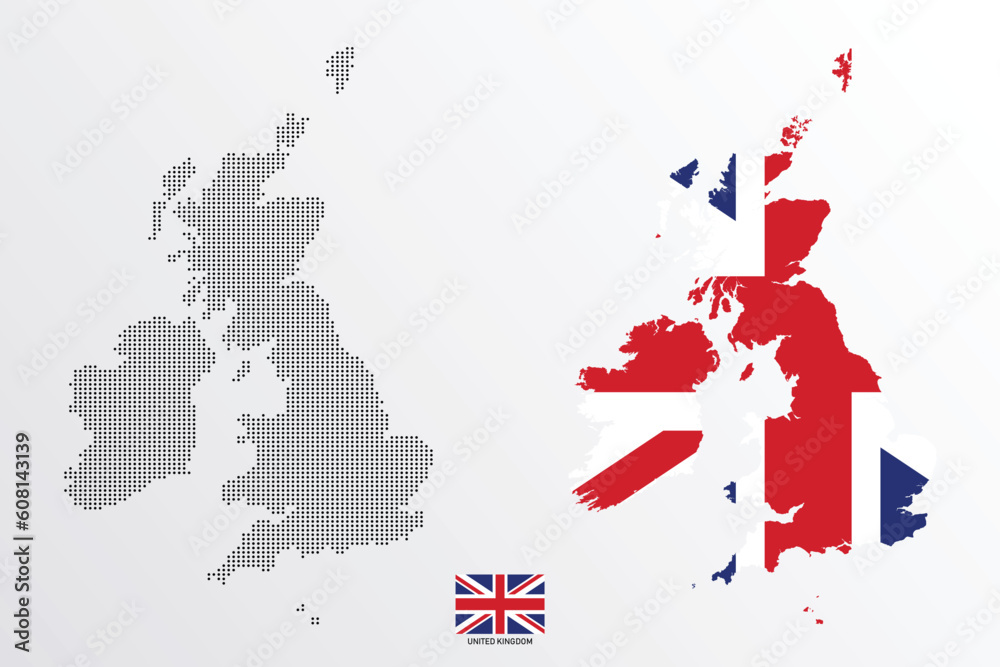 Set of political maps of United Kingdom with regions isolated and flag ...