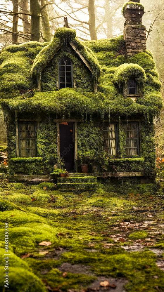 Old traditional house covered in moss. Created with Generative AI ...