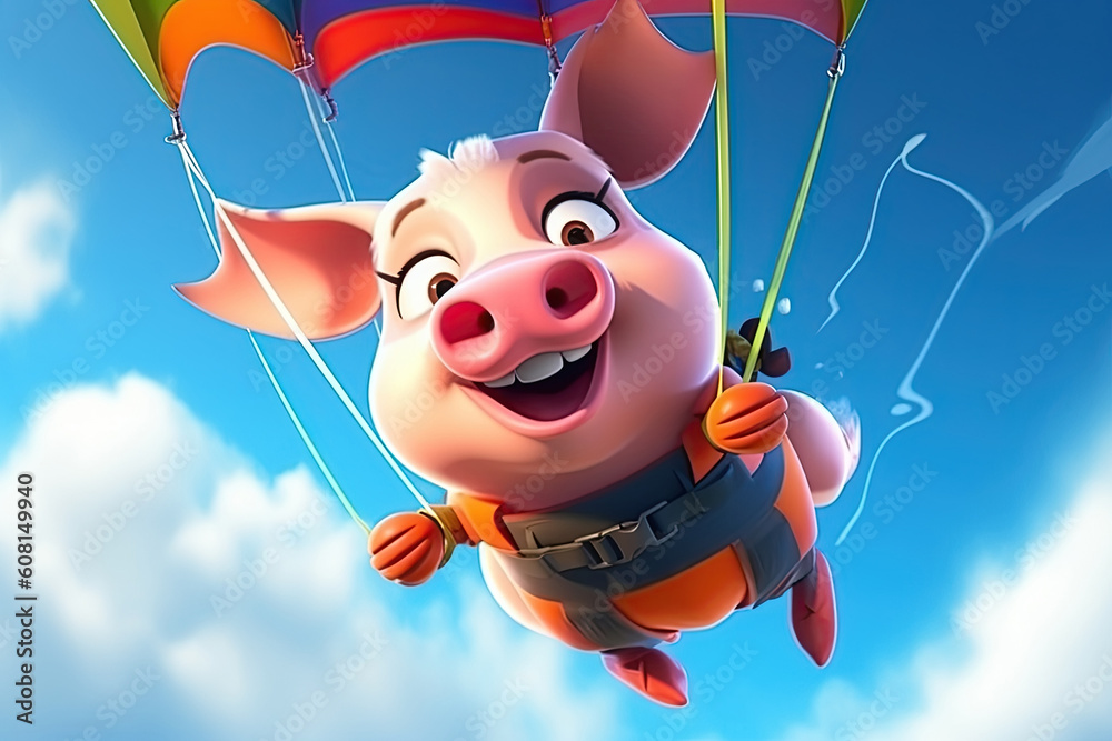 cute pig is flying on parachute in sky. Cartoon character. Generative ...
