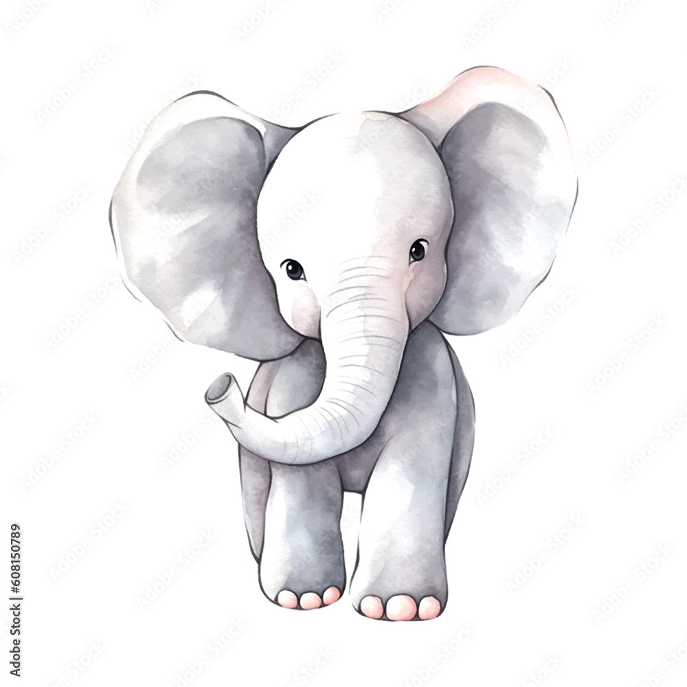 Baby elephant watercolor in cartoon style on colorful background ...