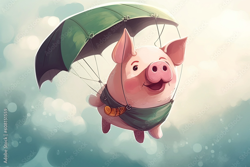 cute pig is flying on parachute in sky. Cartoon character. Generative ...