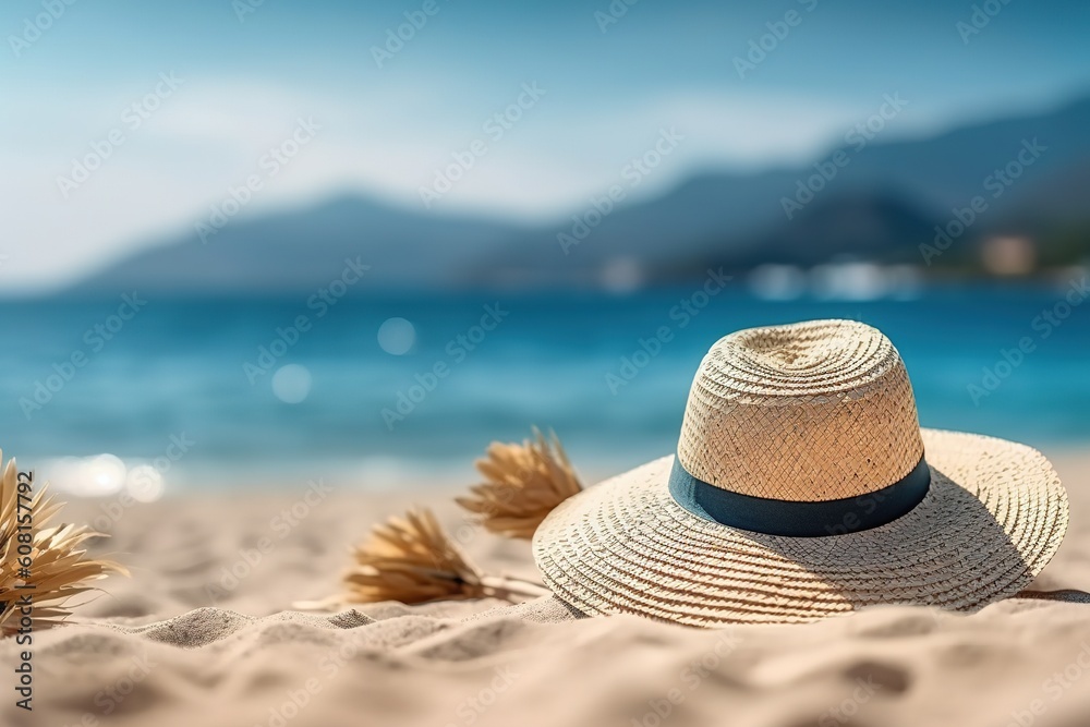 Hut der an einem Sommertag am Strand liegt mit weißem Strand und blauen ...