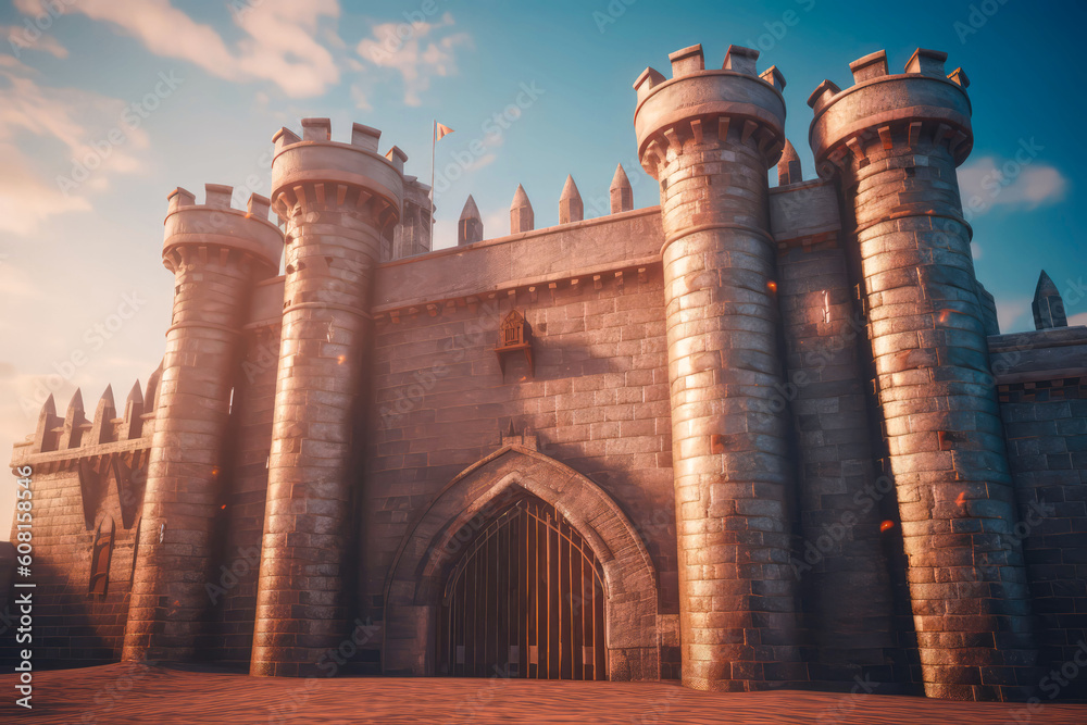 Strong fortress walls, medieval castle. Cinematic light, volumetric ...