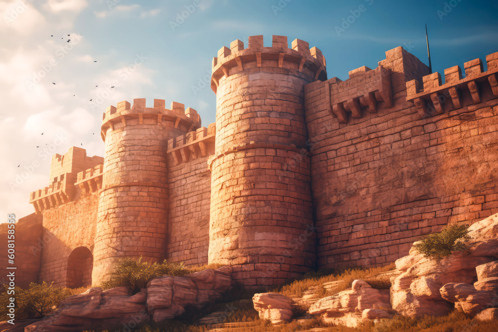 Strong fortress walls, medieval castle. Cinematic light, volumetric ...