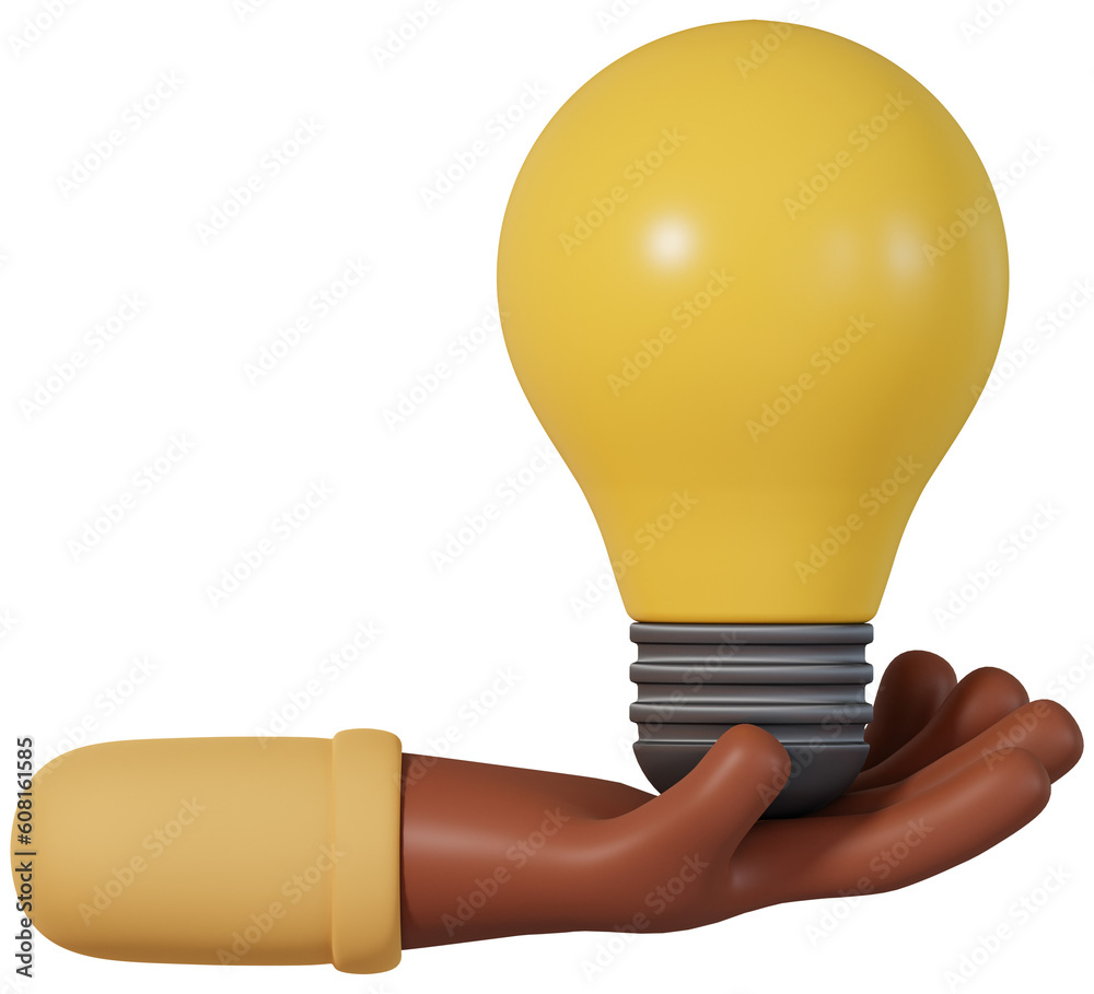 Cartoon african hand hold light bulb 3d illustration. Creativity and ...