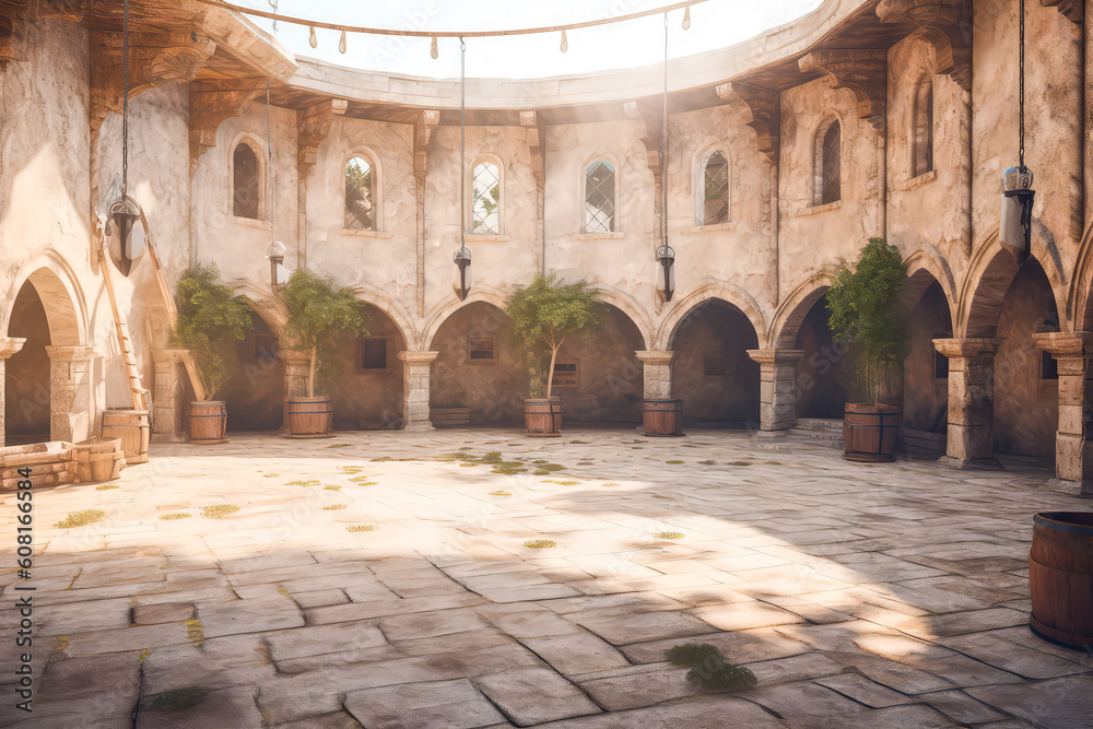 Paved courtyard for soldier training in medieval castle. Cinematic ...