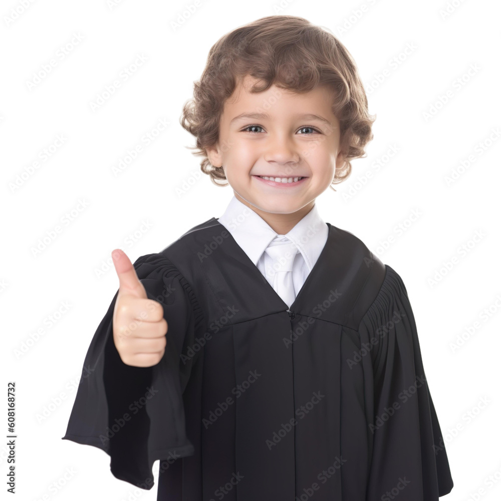 Child boy dressed as Judge showing thumbs up isolated on transparent ...