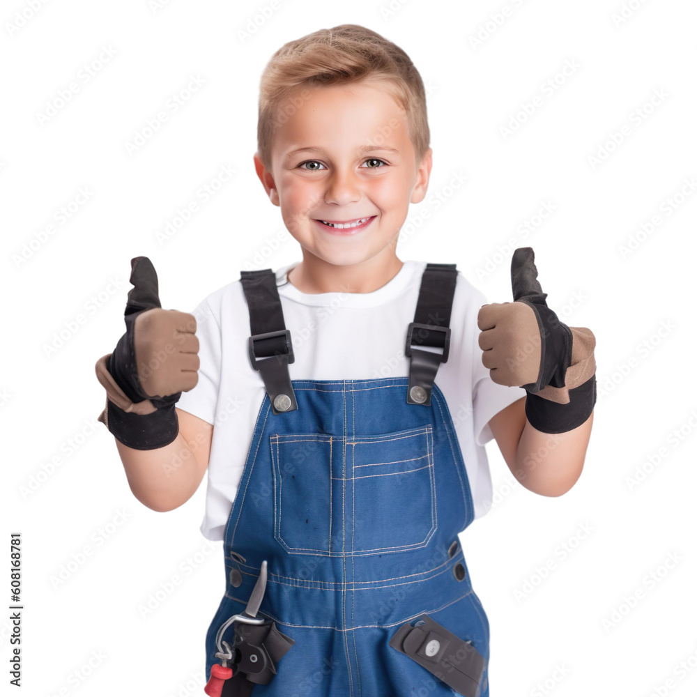 Child boy dressed as Mechanic showing thumbs up isolated on transparent ...