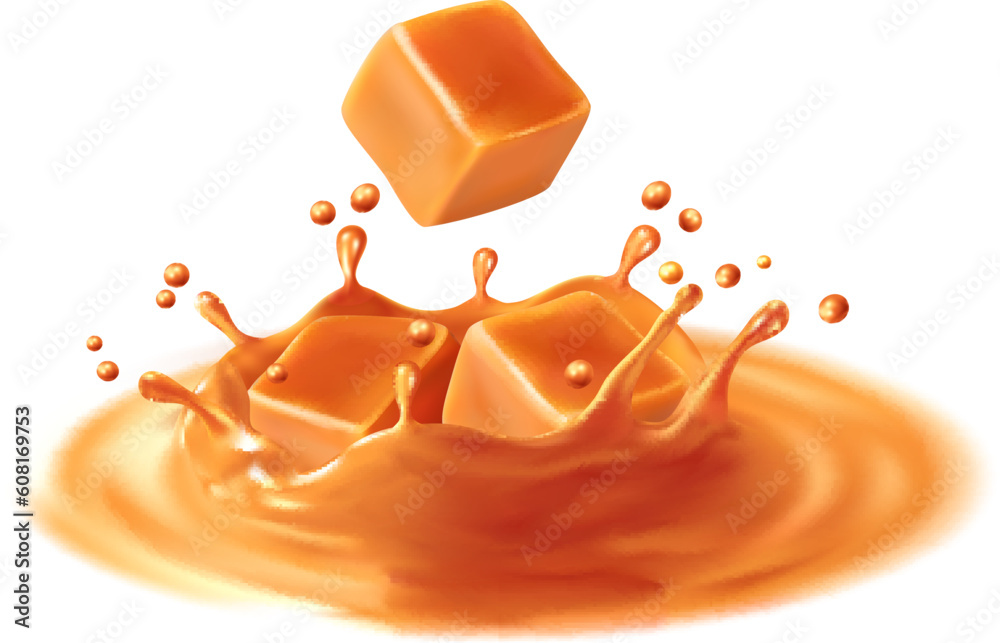 Corona crown caramel sauce splash with toffee. Caramel dessert, toffee ...