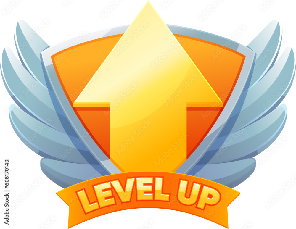 Game level up badge and win icon. Vector bonus rank reward emblem with ...