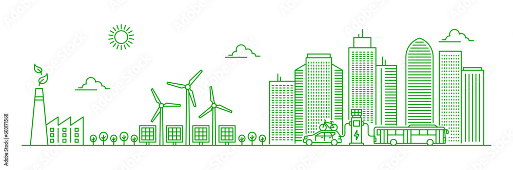 Eco city landscape with green energy plant and urban cityscape. Vector ...