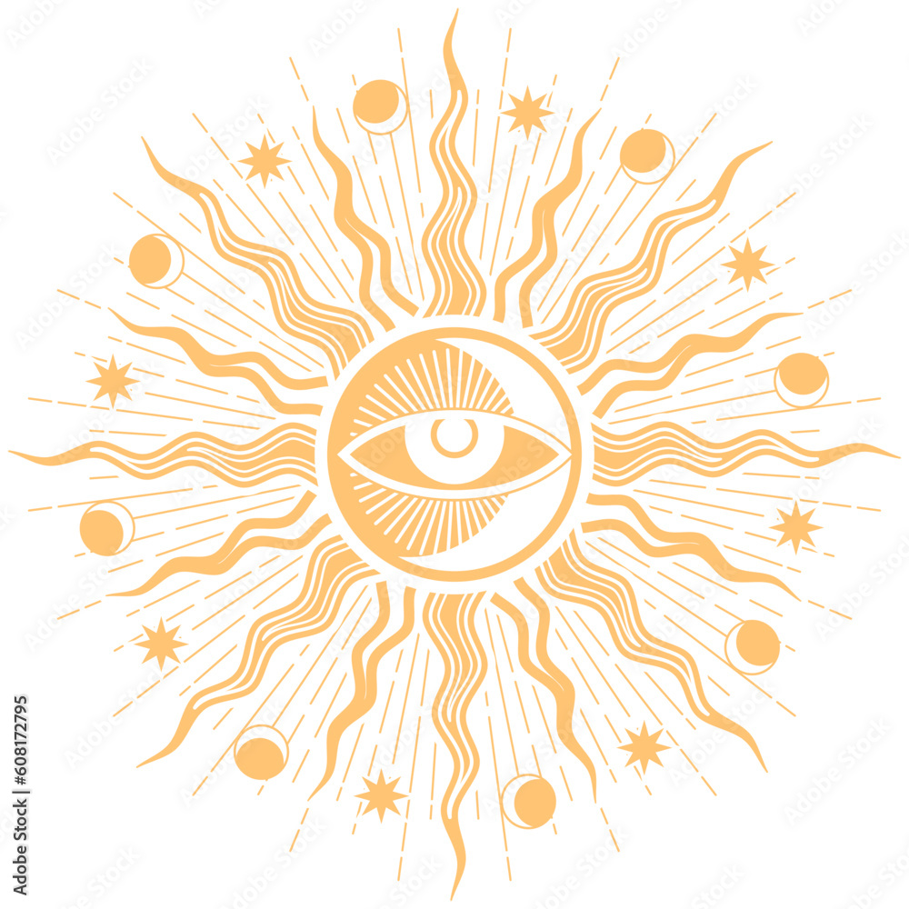 Sun and eye esoteric occult pentagram, magic tarot sign. All-seeing eye ...