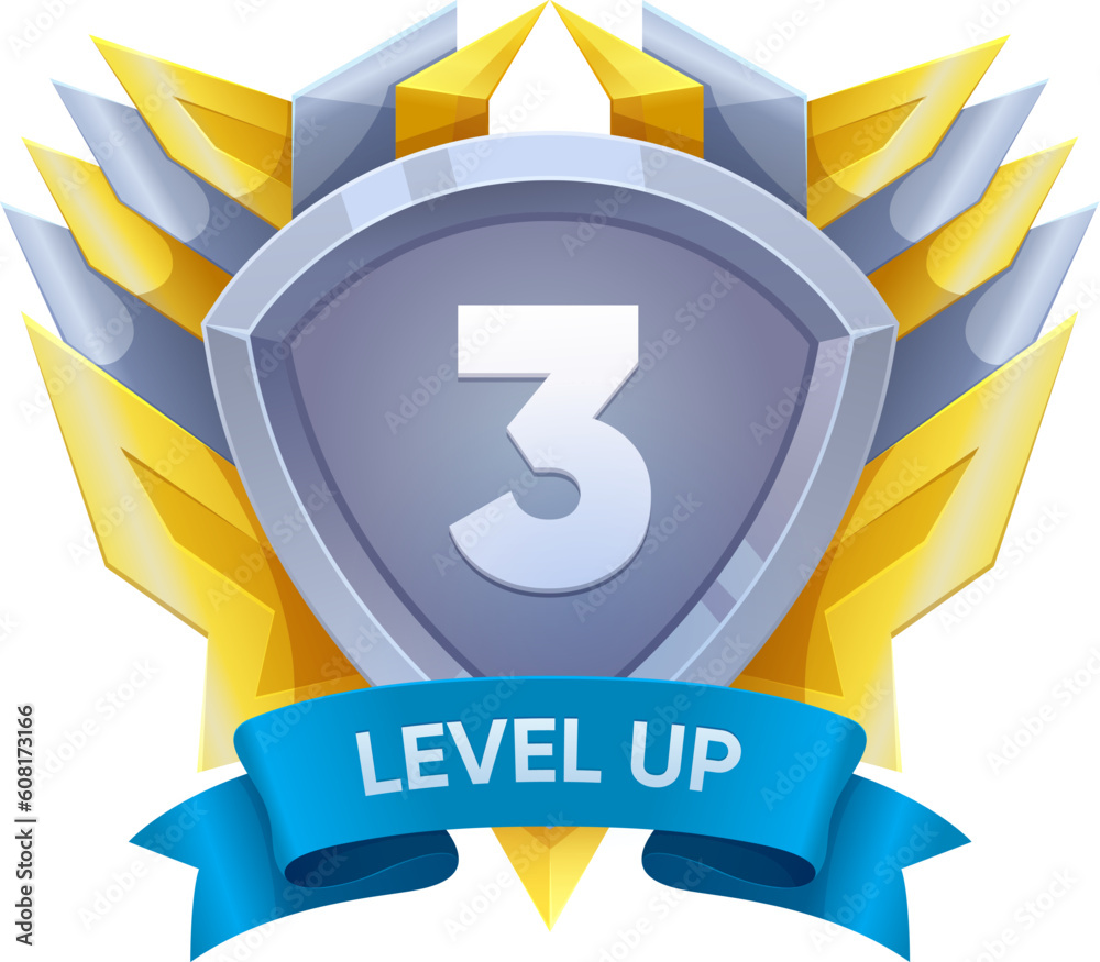 Game level up badge and win icon, shield banner of completed level, vector UI sign. 3 level up ...