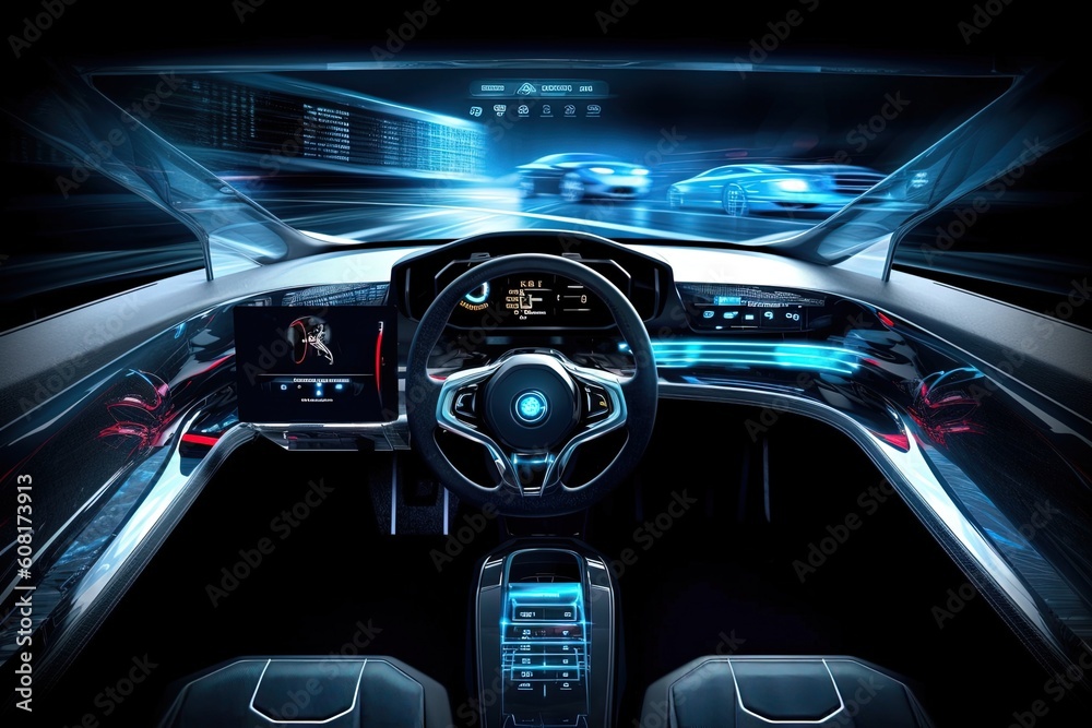 Sports car cockpit with a customizable holographic interface futuristic ...