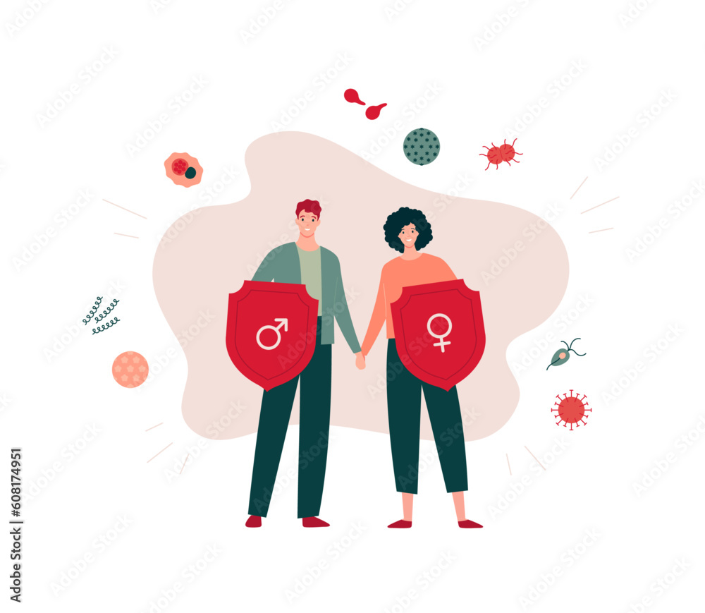 Sexual Transmitted Disease Concept Vector Flat Healthcare Character Illustration Couple Of Man