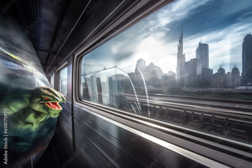alien riding high-speed train, with view of futuristic cityscape ...