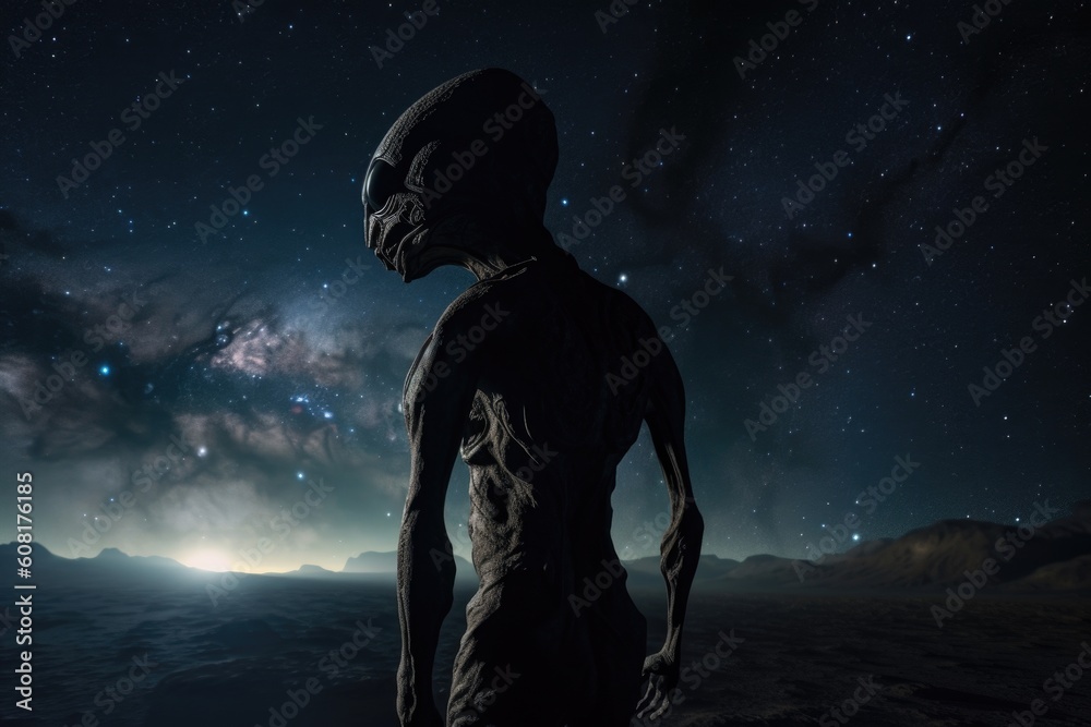 alien life form looking out at the vast expanse of space, with stars ...