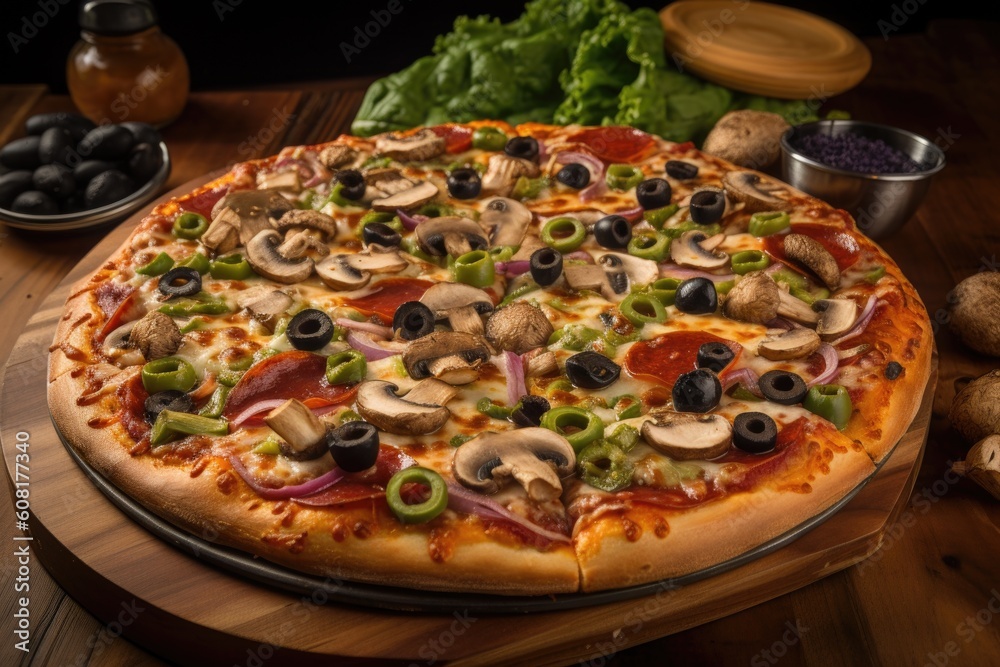 custom supreme pizza, with a variety of toppings including pepperoni ...