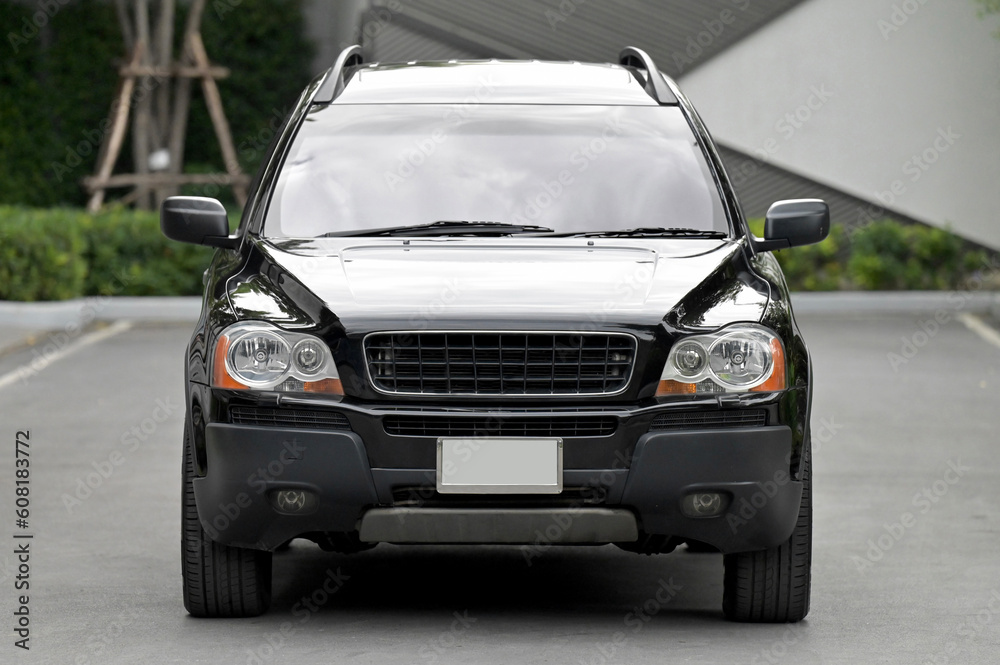 car, straight front view See the twin headlights and the hood of the ...