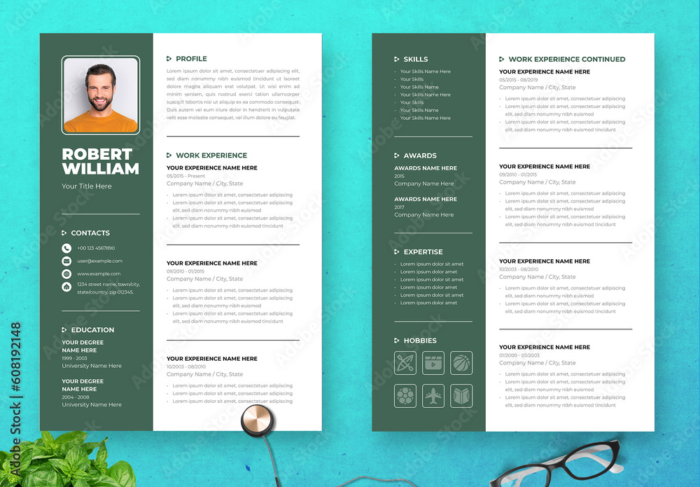 Resume Layout with Sidebar and Green Elements Stock Template | Adobe Stock