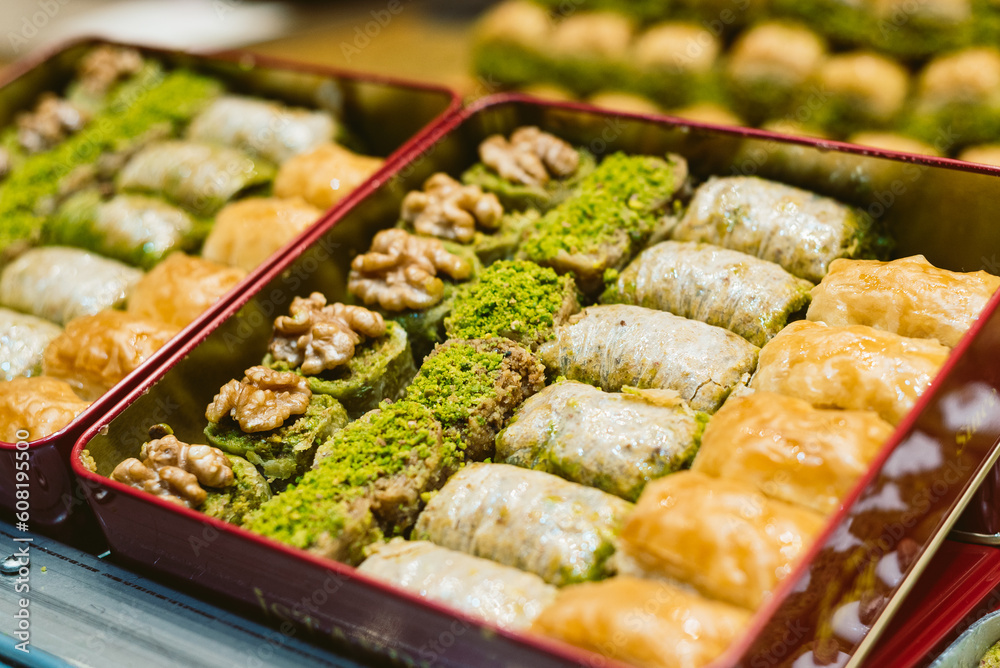 Traditional Turkish Baklava on display in dessert store. Turkish ...