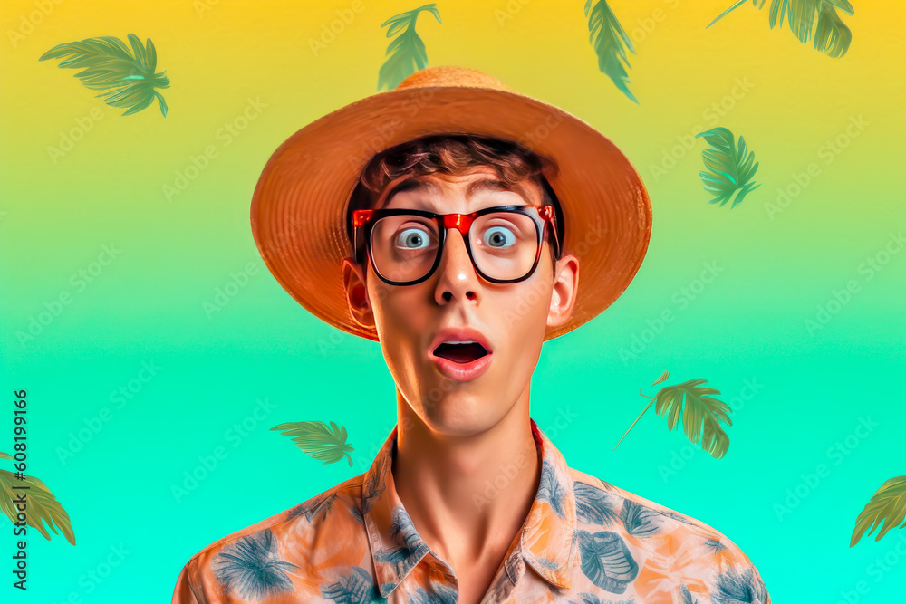 Portrait of a man in sun cap with surprised face, background with ...