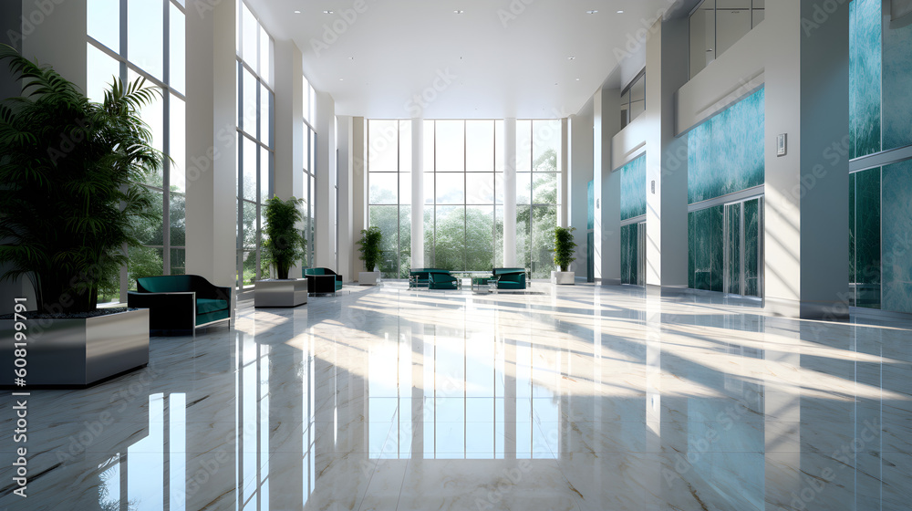 clean and spotless lobby to a corporate building, reflective windows ...