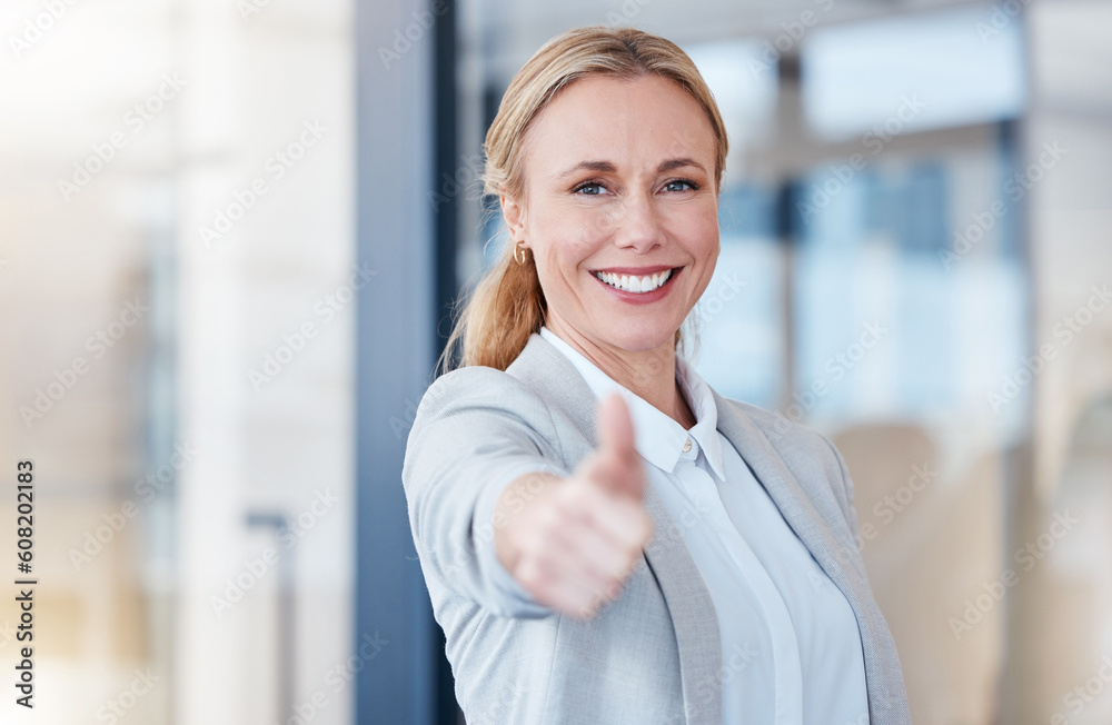 Business woman, portrait smile and thumbs up for winning, success or ...