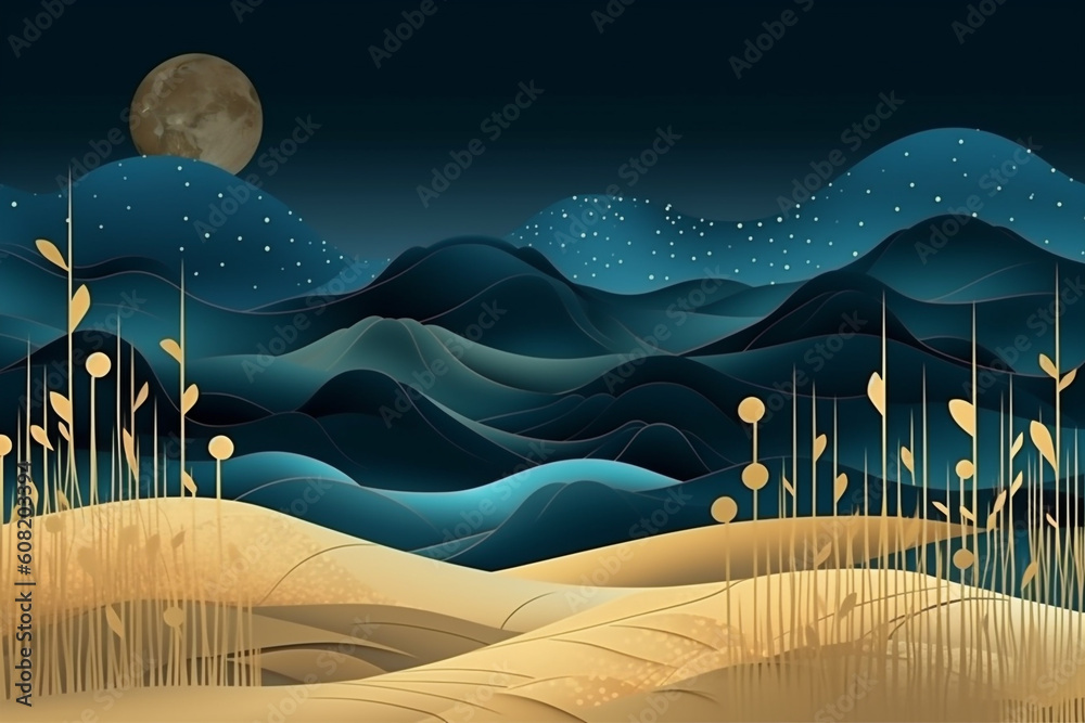 Abstract sand dunes landscape with moon at night. 3D modern art mural ...