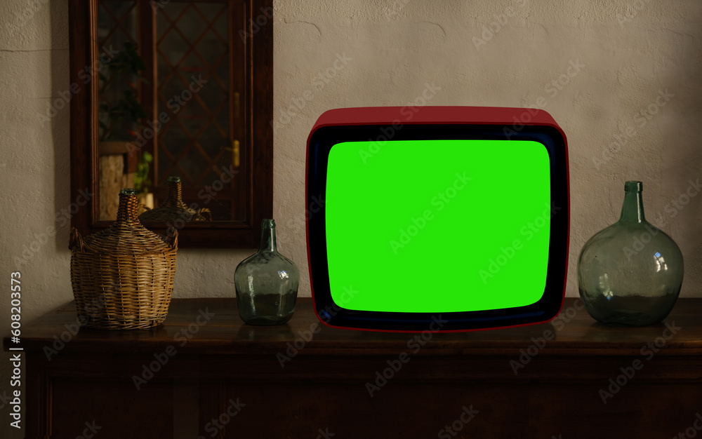 footage of Dated TV Set with Green Screen Mock Up Chroma Key Template ...