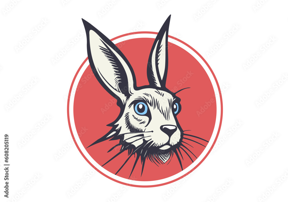 Vector round red sticker. The head of a serious eared cartoon rabbit ...