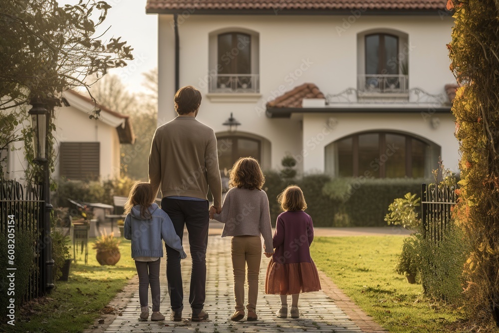 A hopeful rear view image of a young family standing hand in hand ...