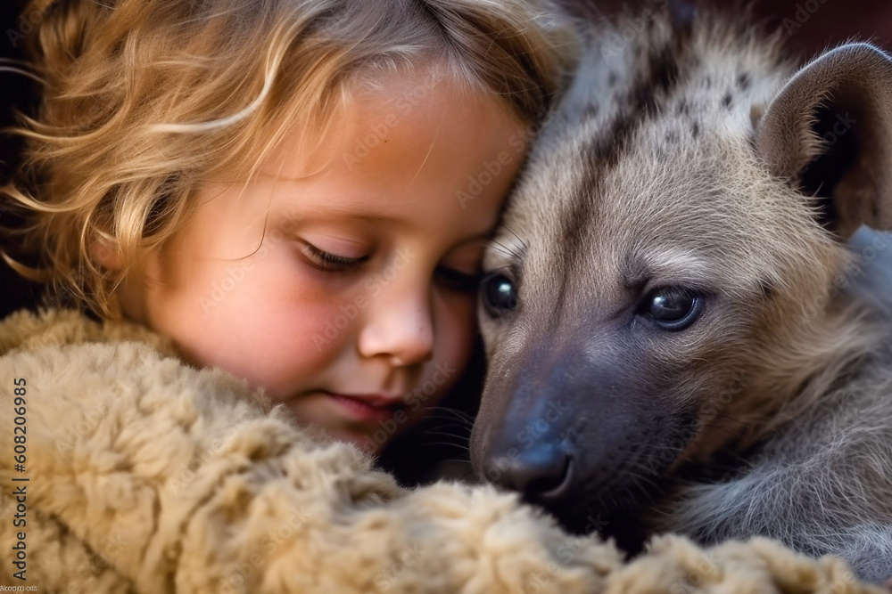 Little girl cuddling her hyena puppy, pampering him by taking care of ...