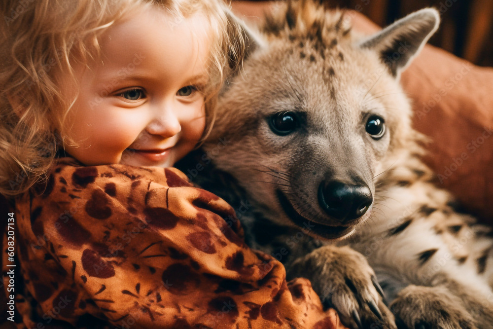 Little girl cuddling her hyena puppy, pampering him by taking care of ...