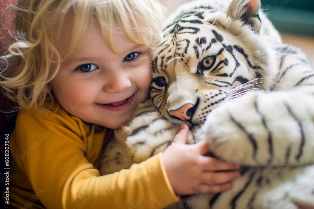 Little girl cuddling her tiger puppy, pampering him by taking care of ...