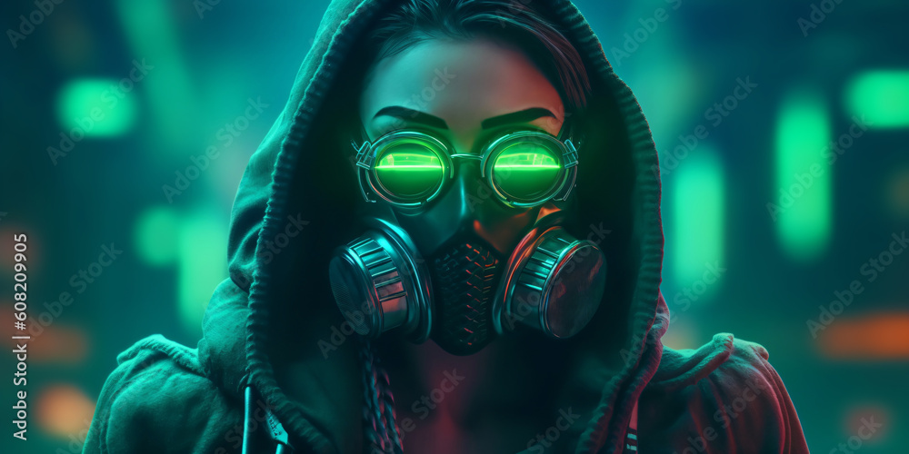 cyberpunk girl in leather hoodie with gas mask, night city light bokeh ...