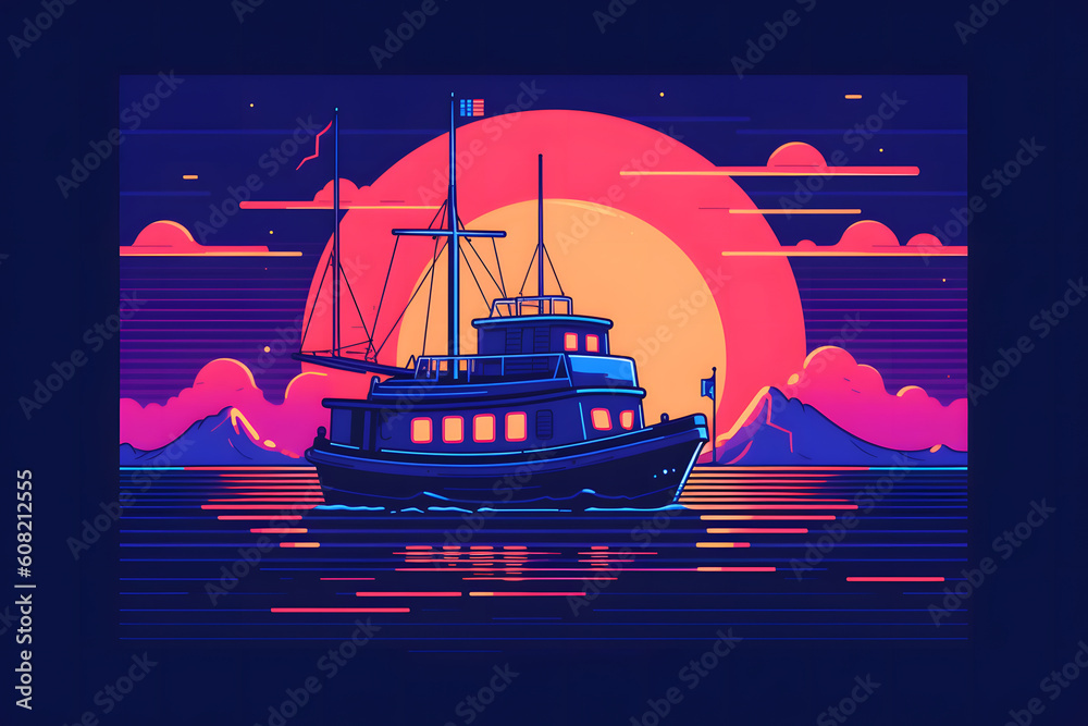 Retrowave style neon yacht, Futuristic synthwave. Neural network AI ...