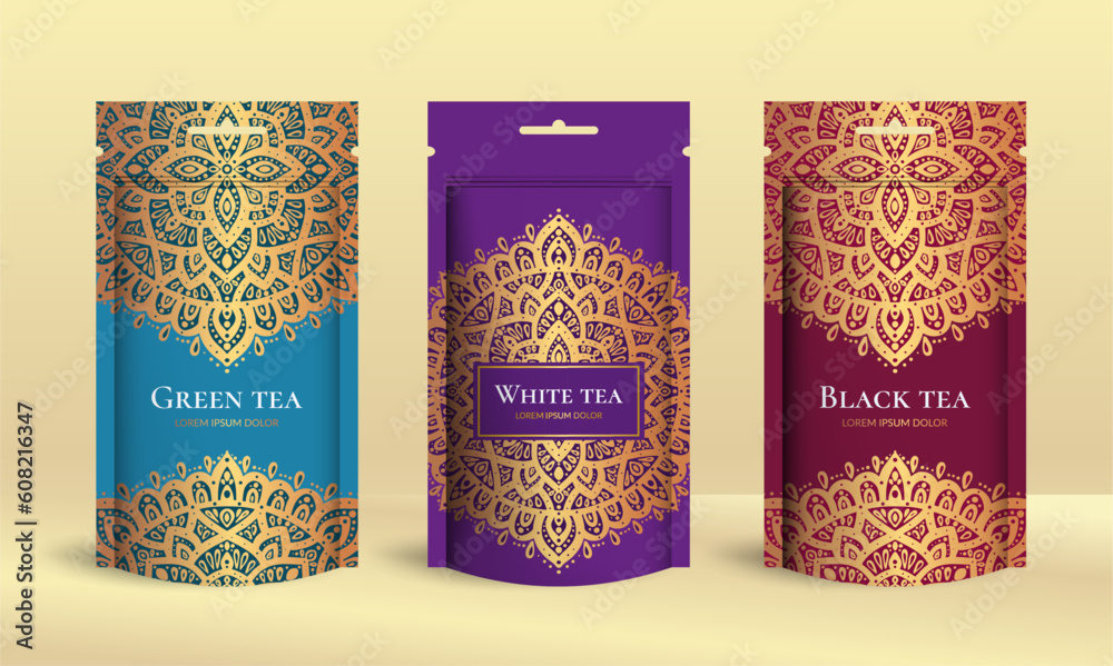 Tea packaging design with zip pouch bag mockup. Vector ornament ...