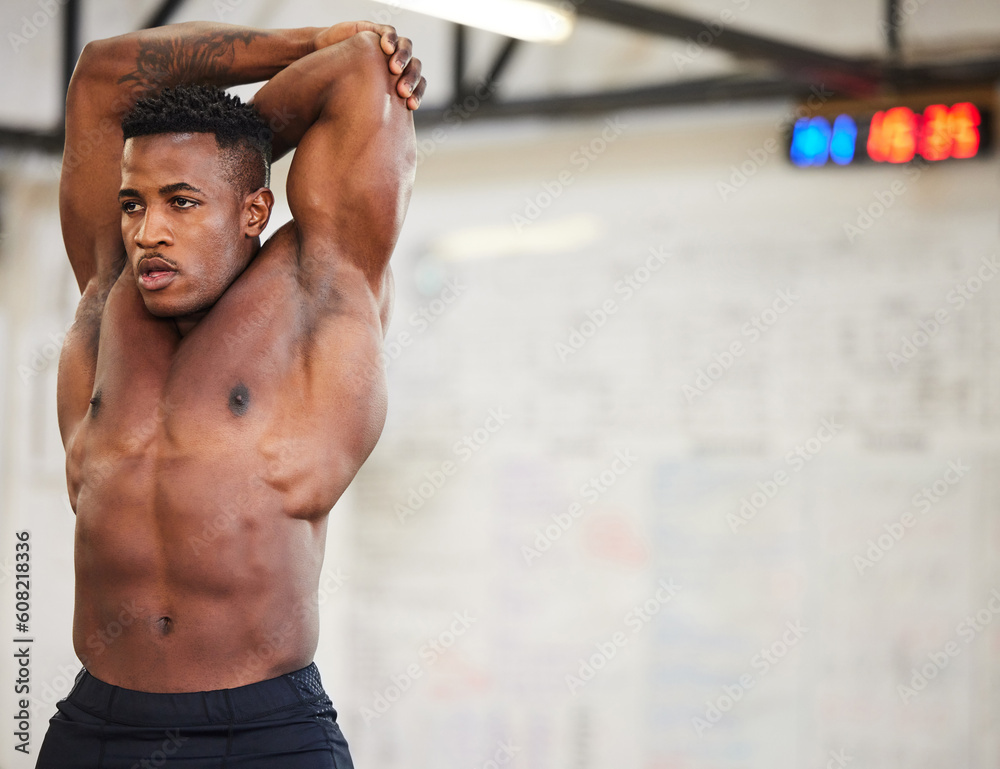 Shirtless black man, stretching and fitness in gym with muscle, strong ...