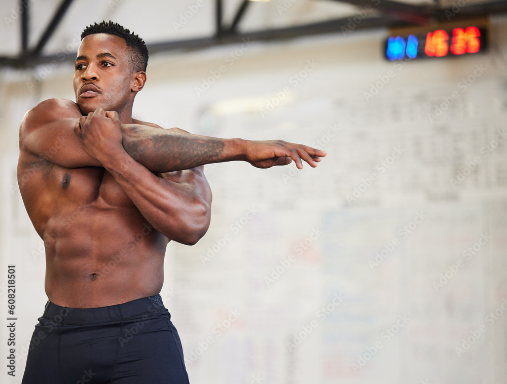 Shirtless Black Man Stretching Arms And Fitness In Gym With Muscle Strong And Abs With Workout