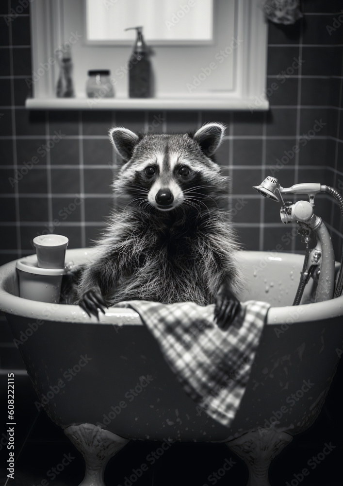 Raccoon in Bath, black and white Raccoon bathing in the bathtub, funny ...